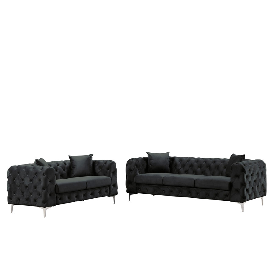 Contemporary Sofa with Deep Button Tufting Dutch Velvet 2 Pieces Black