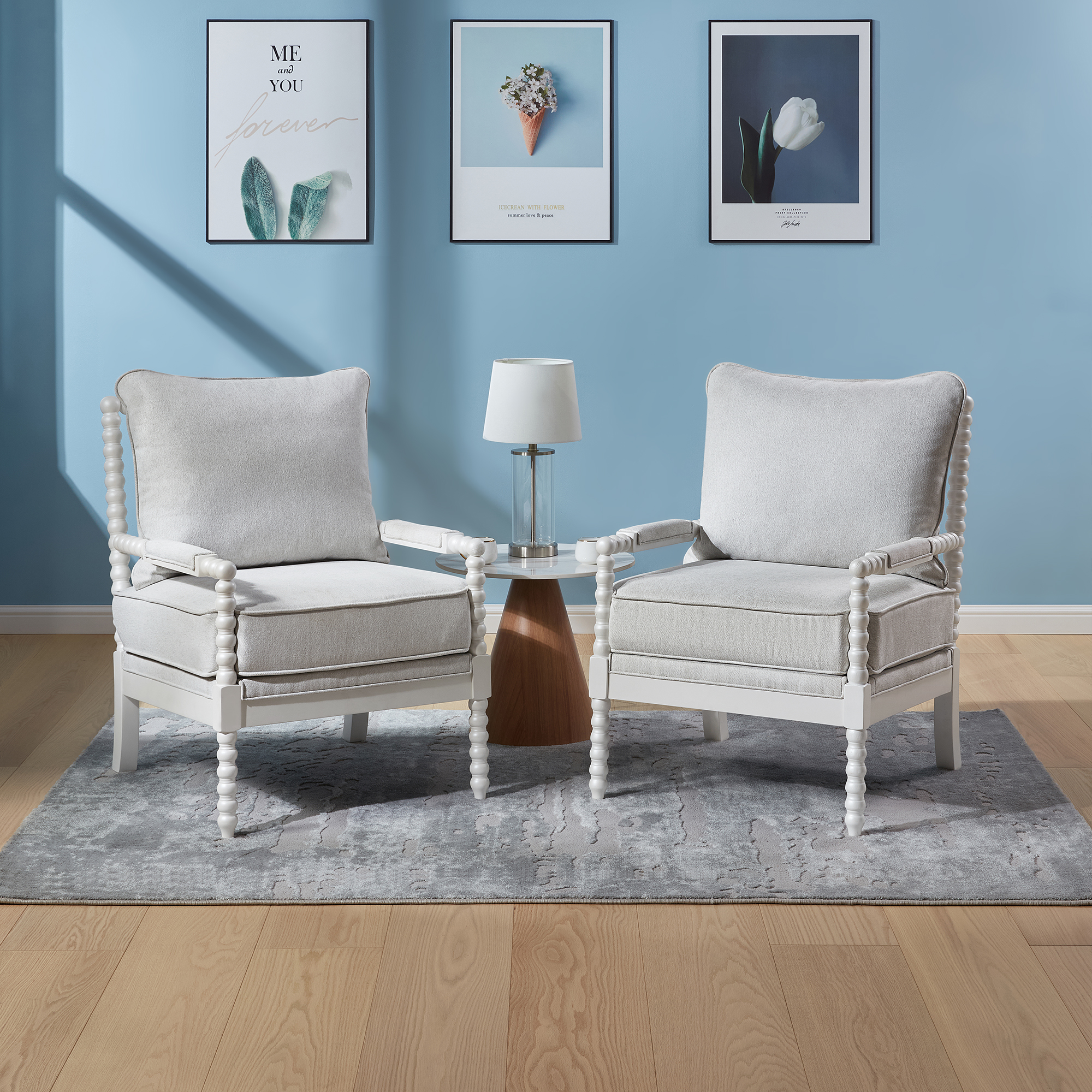 2-Piece Mid Century White Spindle Accent Chair Upholstered Armchair ...