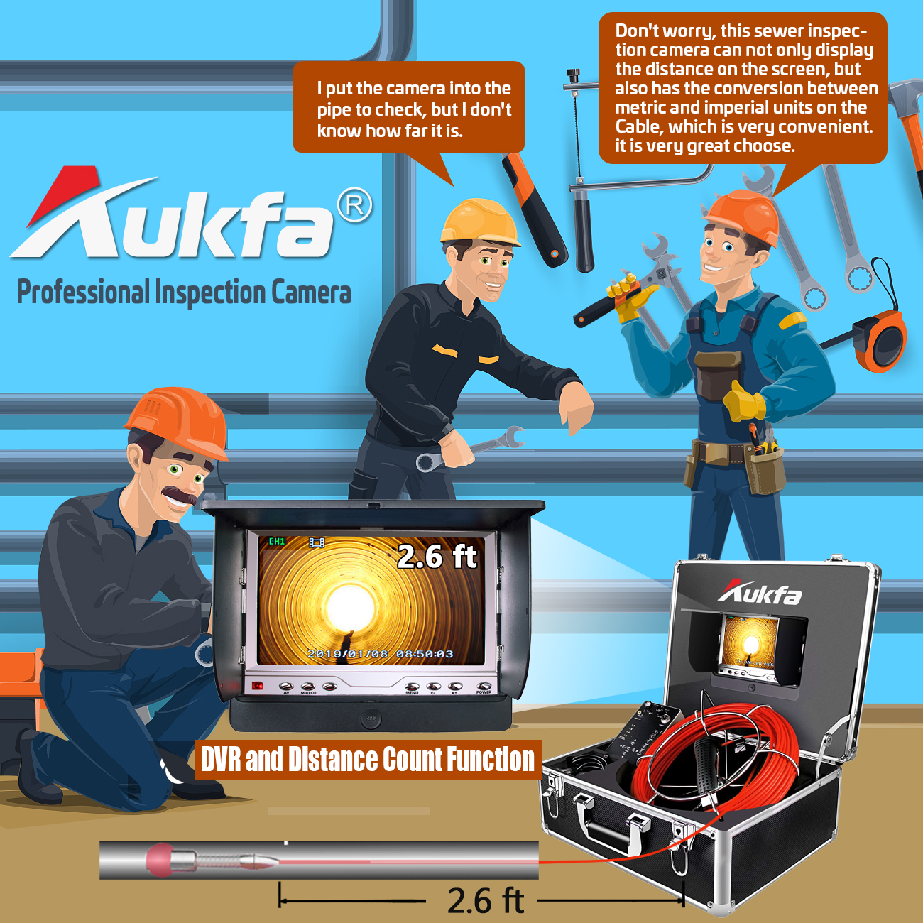 Aukfa Sewer Camera 100ft Snake Cam with Distance Counter DVR Video ...