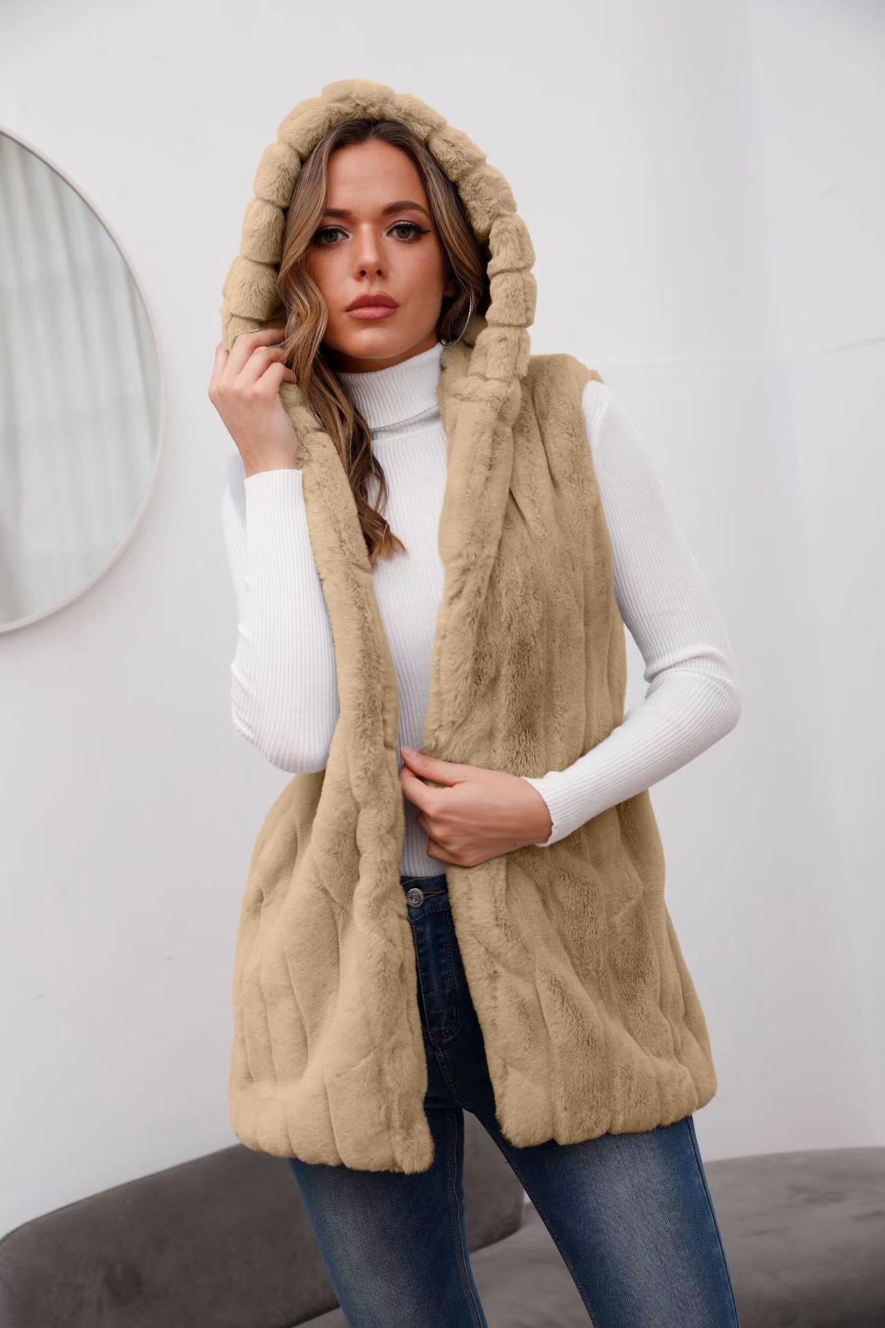 Open Front Teddy waistcast Vest simple Fasion,Fake/Faux Fur Coat