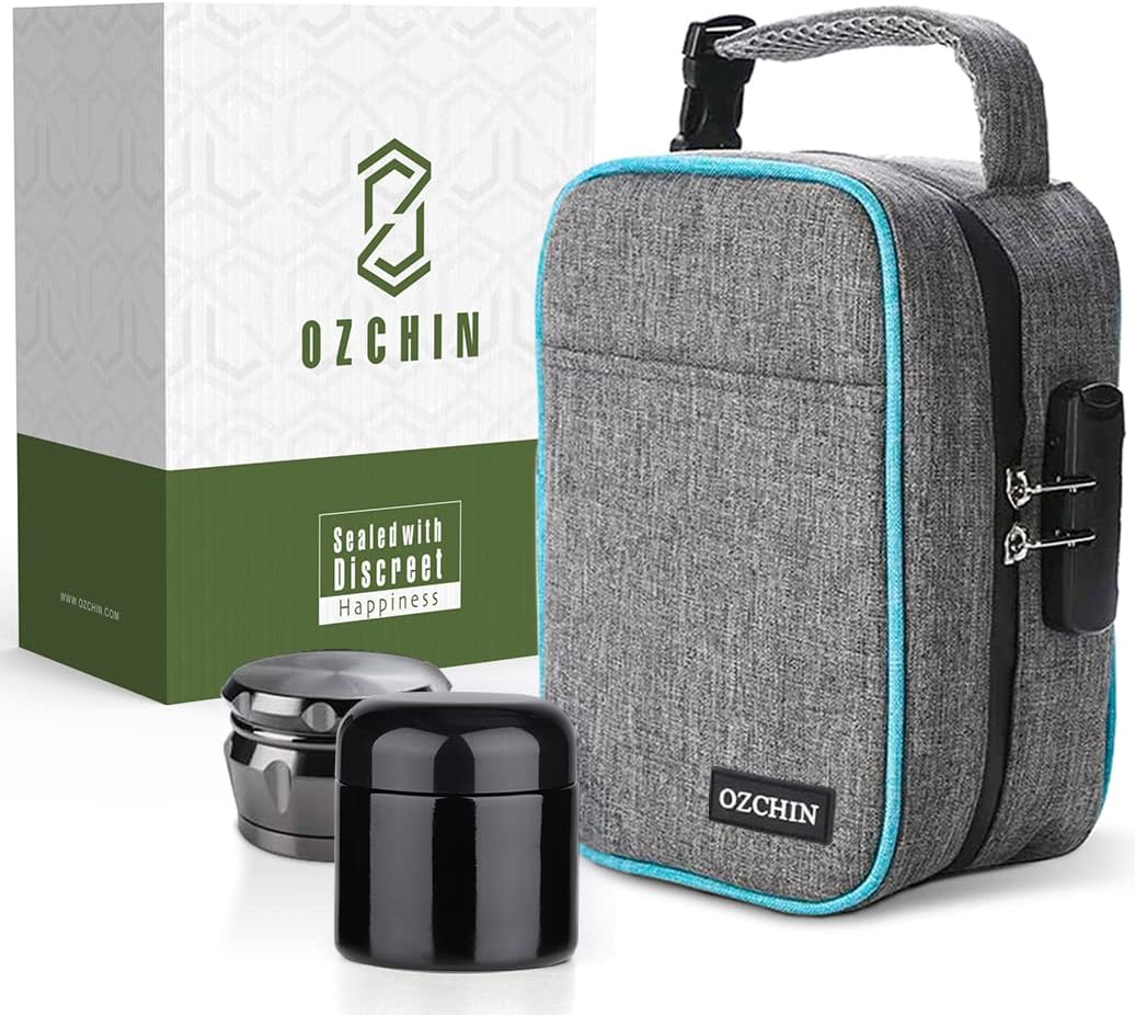 OZCHIN Locking Smell Proof Bag Kits with Grinder & Jar Activated Carbon ...