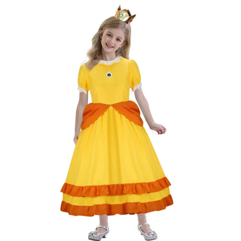 Kids Princess Daisy Dress Super Mario Cosplay Costume Hallowcos