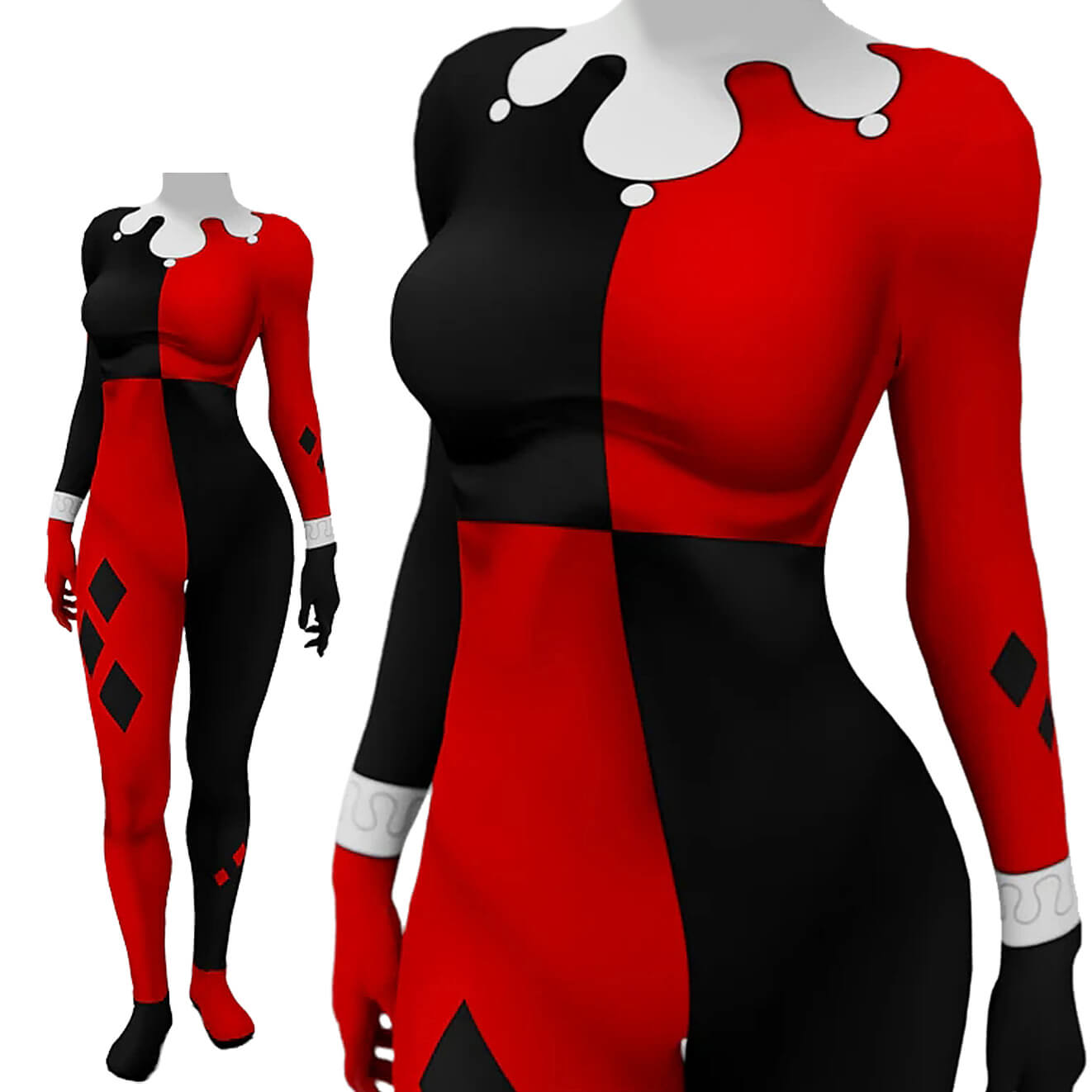 Harley Quinn Red and Black Jumpsuit Cosplay Costume Jester Suit Hallowcos