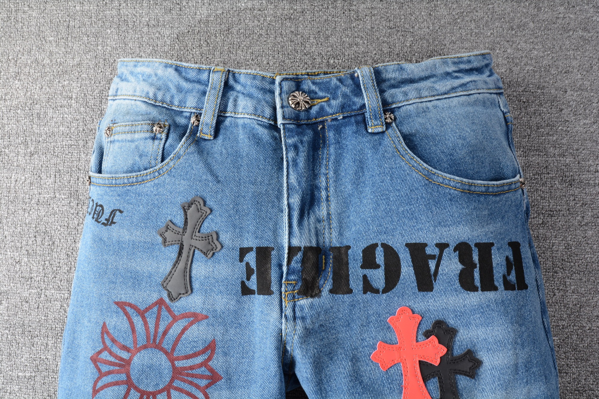 #728 chrome hearts black red cross jeans blue