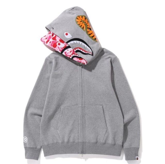 Bape Pink Shark Double Hood Grey Hoodie