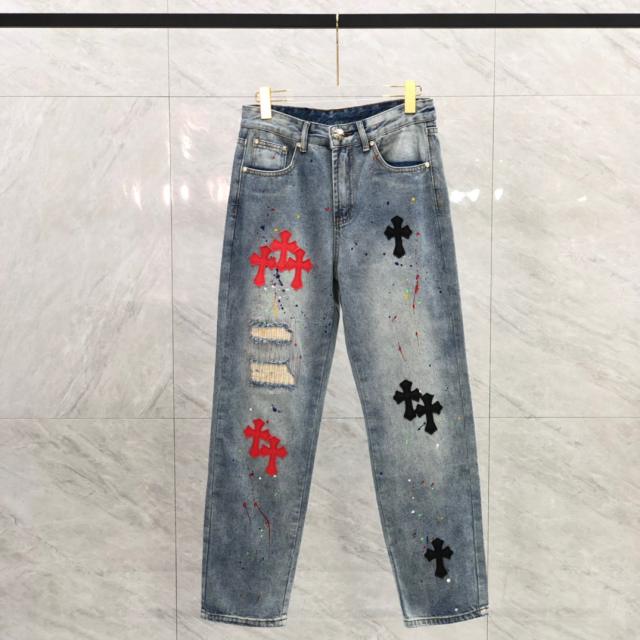 [Best Quality] CH Red Black Crosses Patch Ripped Denim Jeans