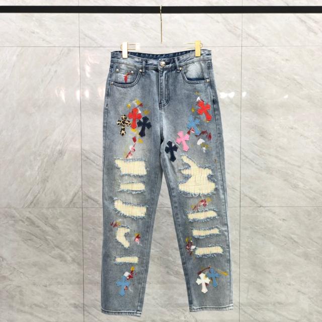 [Best Quality] CH Leopard Colorful Crosses Patch Ripped Denim Jeans