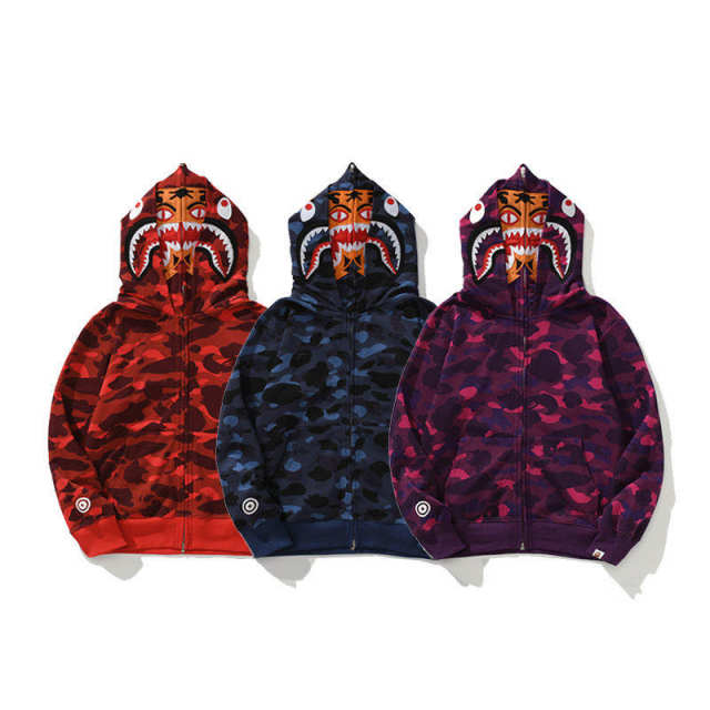 Bape Shark Tiger Double Hood Camo Hoodie Sweatshirt (Purple/Red/Blue)