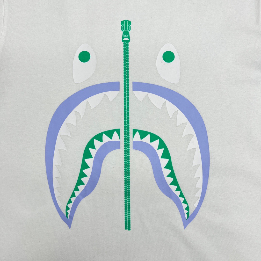 Bape blue green zippers shark face t-shirt black white