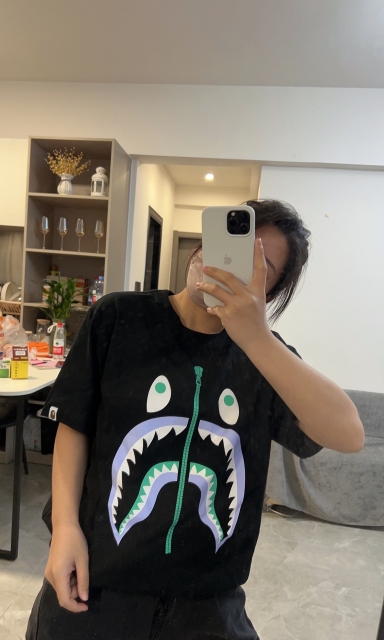 Bape blue green zippers shark face t-shirt black white