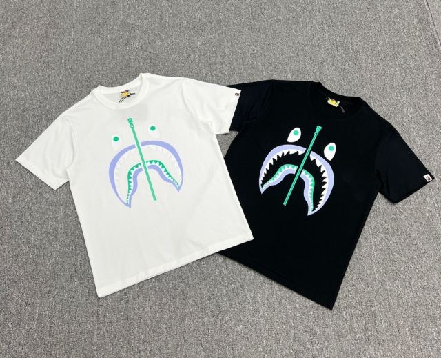Bape blue green zippers shark face t-shirt black white