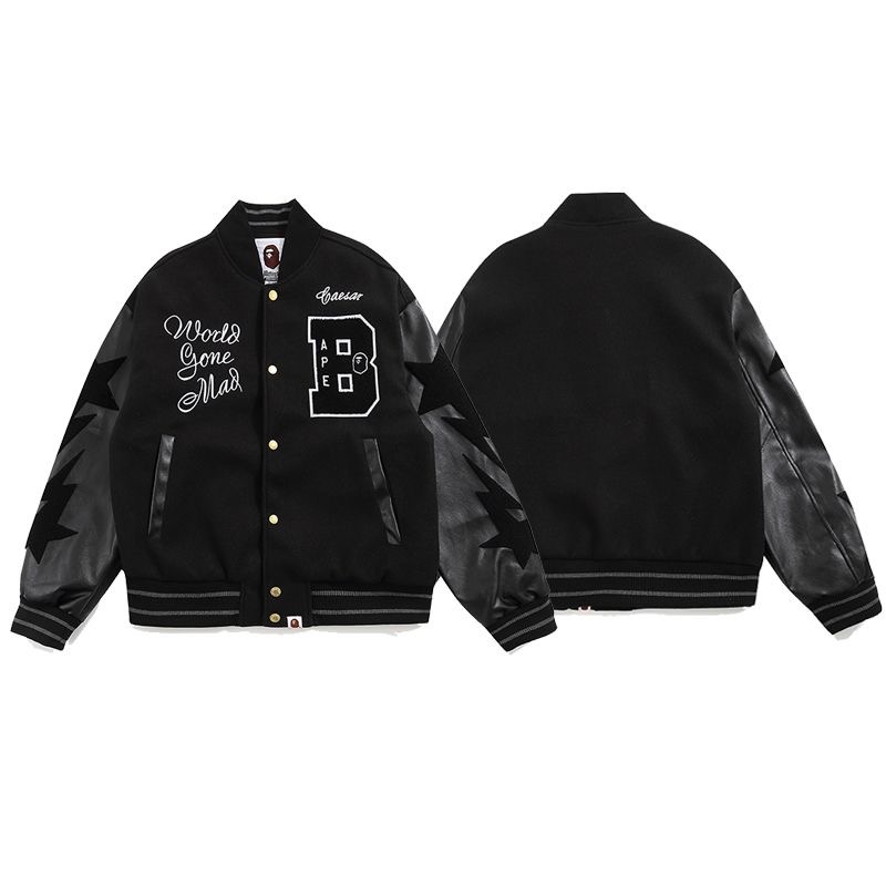 Bape 'World Gone Mad' Star Sleeve Varsity Jacket Black