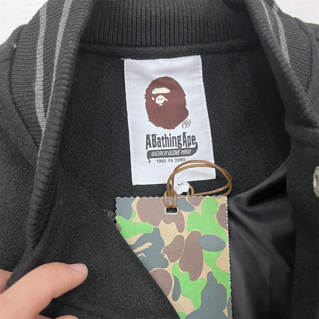 Bape 'World Gone Mad' Star Sleeve Varsity Jacket Black