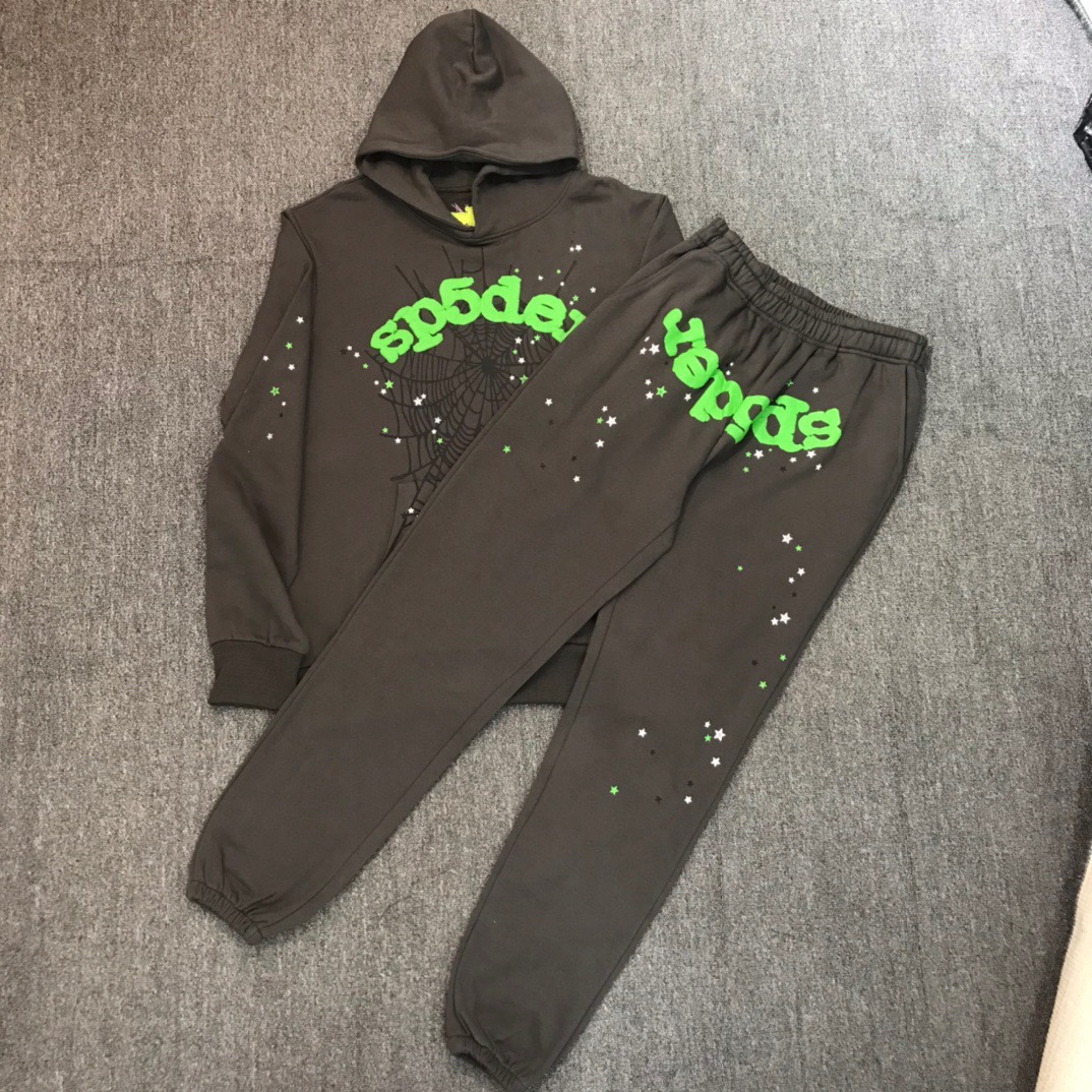 Sp5der Web Green Fonts Hoodie Pants Tracksuit Gray