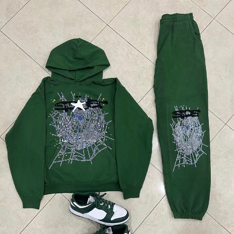 Sp5der Spider Web Green Hoodie Pants Tracksuit