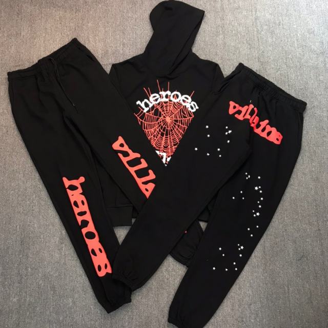 Sp5der Heroes ViIIains Hoodie Pants Tracksuit Black Red