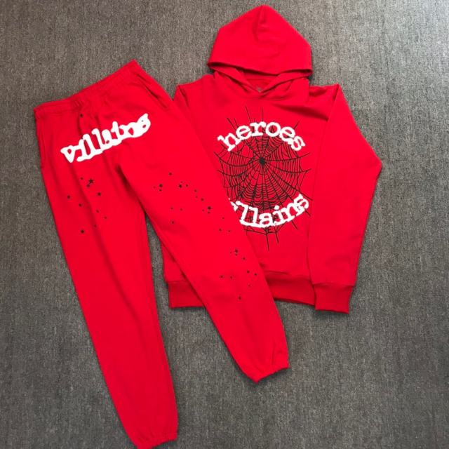 Sp5der Heroes ViIIains Hoodie Pants Tracksuit Black Red