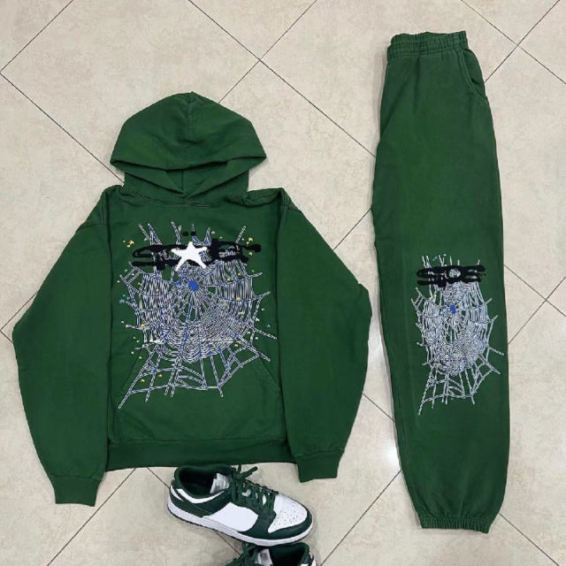 Sp5der Spider Web Green Hoodie Pants Tracksuit