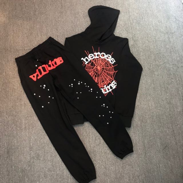 Sp5der Heroes ViIIains Hoodie Pants Tracksuit Black Red
