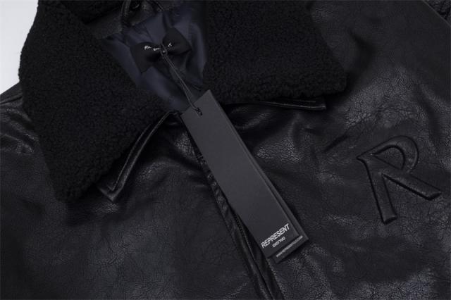 Represent Faux-Fur Collar Leather Jacket Black