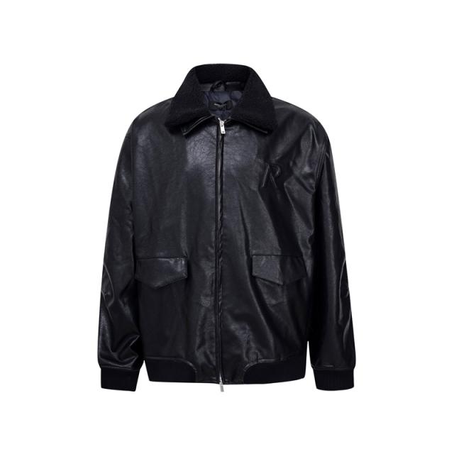 Represent Faux-Fur Collar Leather Jacket Black