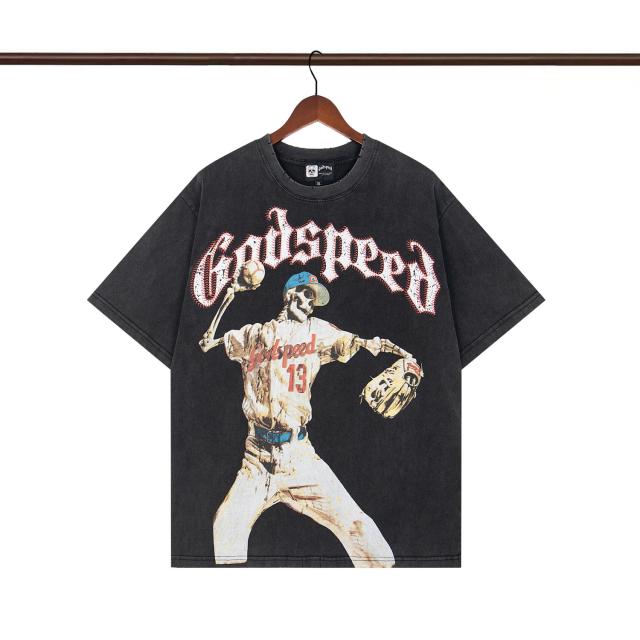 Godspeed Skull Playing Baseball Printed Washed Version Tee T-Shirt