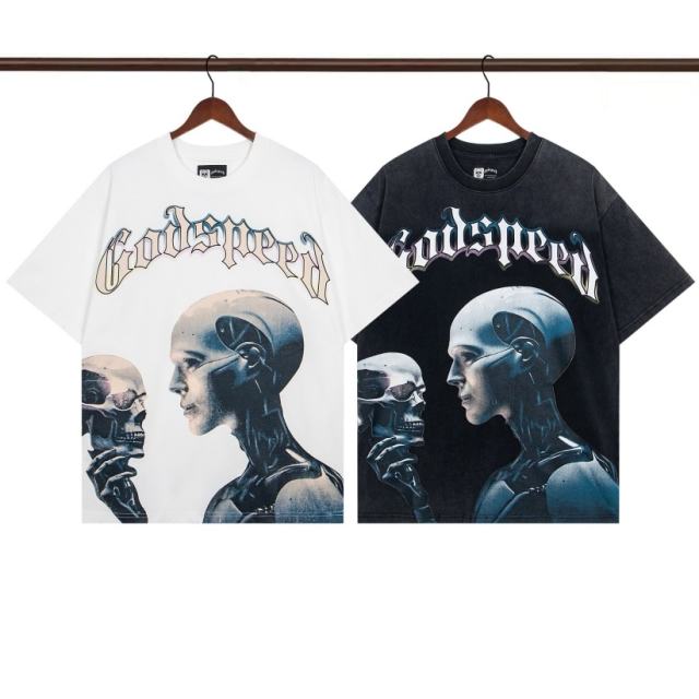 Godspeed Skull Playing Baseball Printed Washed Version Tee T-Shirt