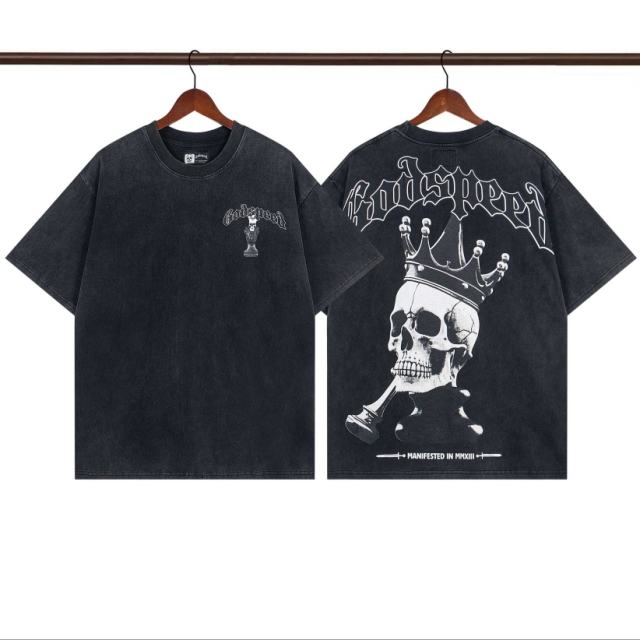 Godspeed Skull Playing Baseball Printed Washed Version Tee T-Shirt