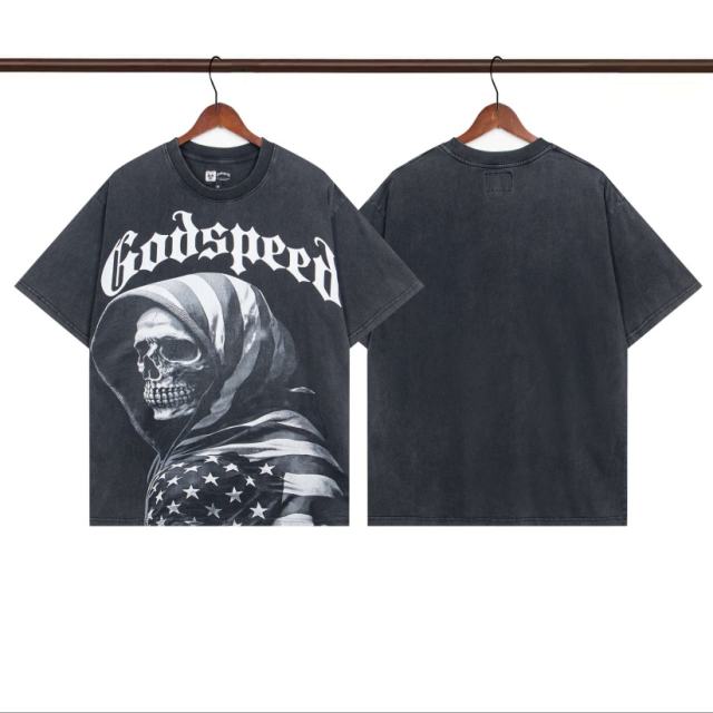 Godspeed Skull Playing Baseball Printed Washed Version Tee T-Shirt
