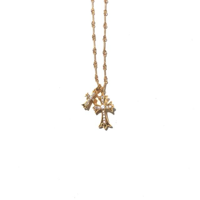 CH 22K Gold Plated Ruby Inlaid Double Cross Pendant Necklace