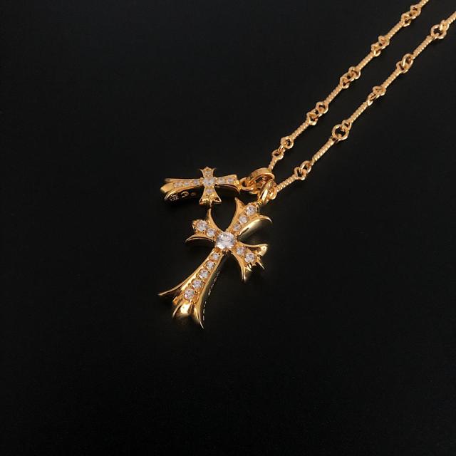CH 22K Gold Plated Ruby Inlaid Double Cross Pendant Necklace