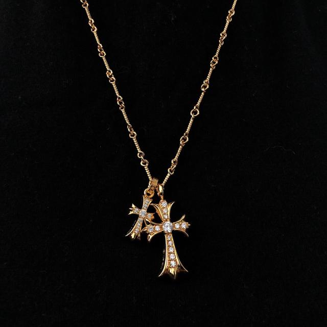 CH 22K Gold Plated Ruby Inlaid Double Cross Pendant Necklace