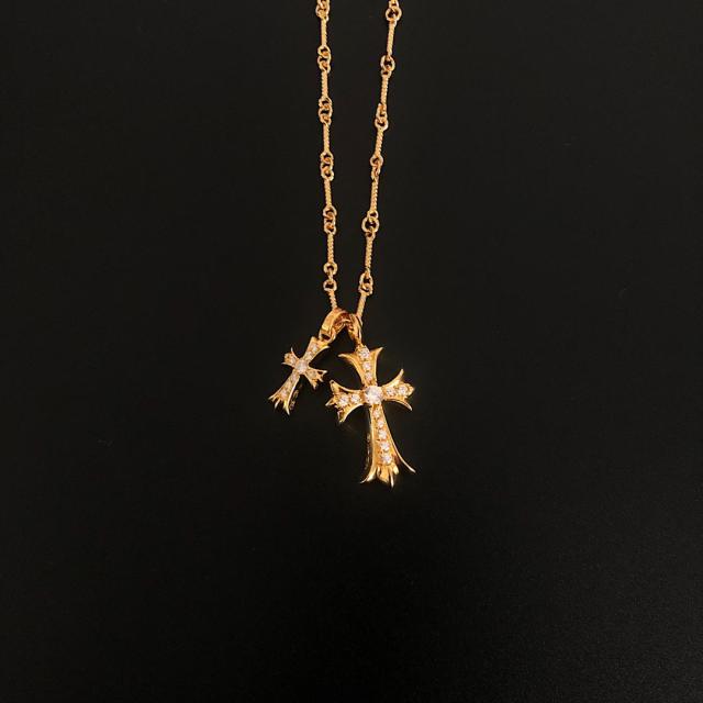 CH 22K Gold Plated Ruby Inlaid Double Cross Pendant Necklace