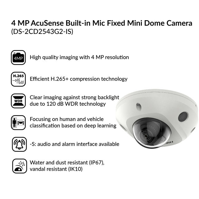 4MP AcuSense Built-in Mic Fixed Mini Dome Network Camera | DS-2CD2543G2-IS