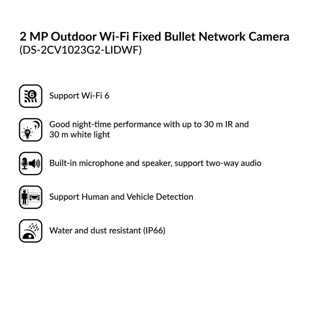 2 MP Outdoor Wi-Fi Fixed Bullet Network Camera | DS-2CV1023G2-LIDWF