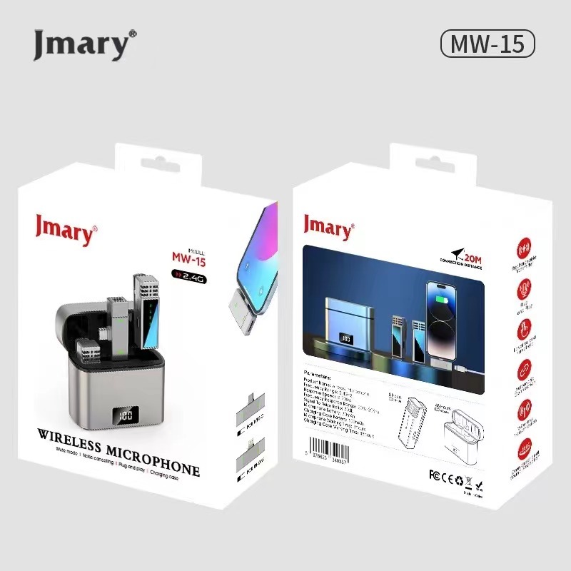 Jmary MW-15 Wireless Microphone with Charge Case, 2 Pack Clip-On Mini Lavalier Lapel Microphone ...