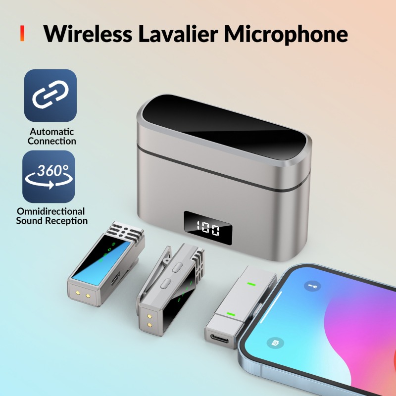 Jmary MW-15 Wireless Microphone with Charge Case, 2 Pack Clip-On Mini Lavalier Lapel Microphone ...