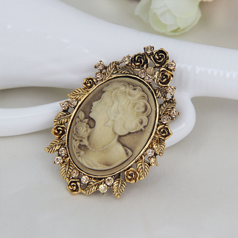 Vintage Beauty Head Brooch Diamond Brooch Alloy Hollow With Gemstones ...