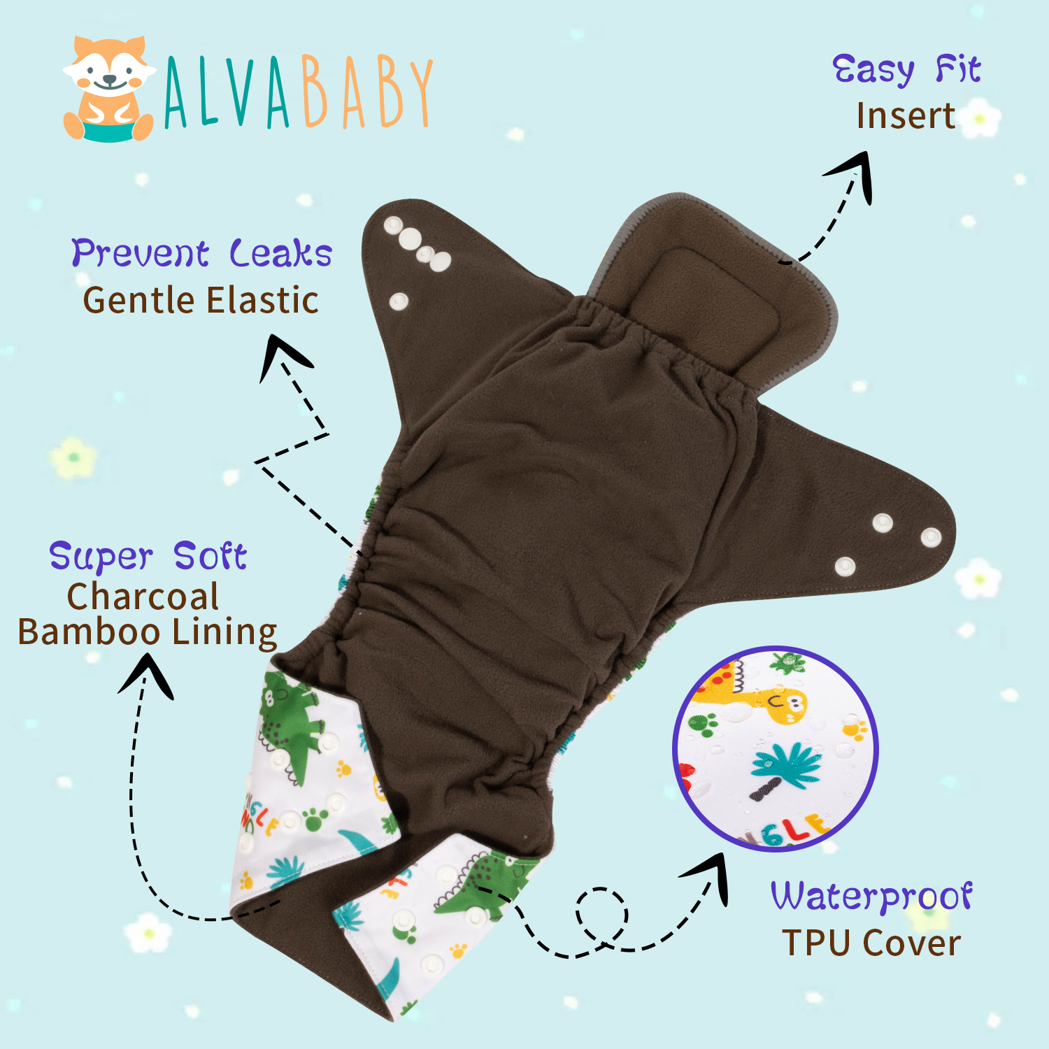 ALVABABY Bamboo Charcoal Cloth Diapers with Double Gussets and Tummy ...