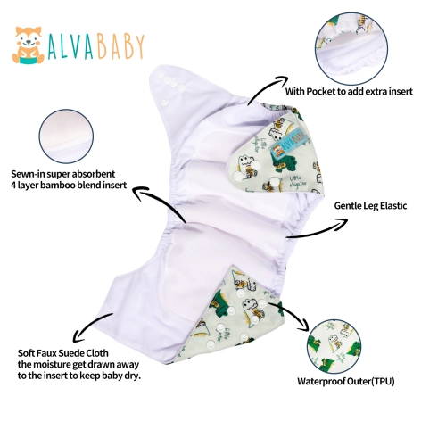 All In One Diaper with Pocket Sewn-in one 4-layer Bamboo blend insert ...