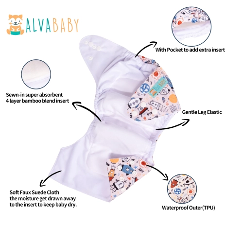 All In One Diaper with Pocket Sewn-in one 4-layer Bamboo blend insert ...