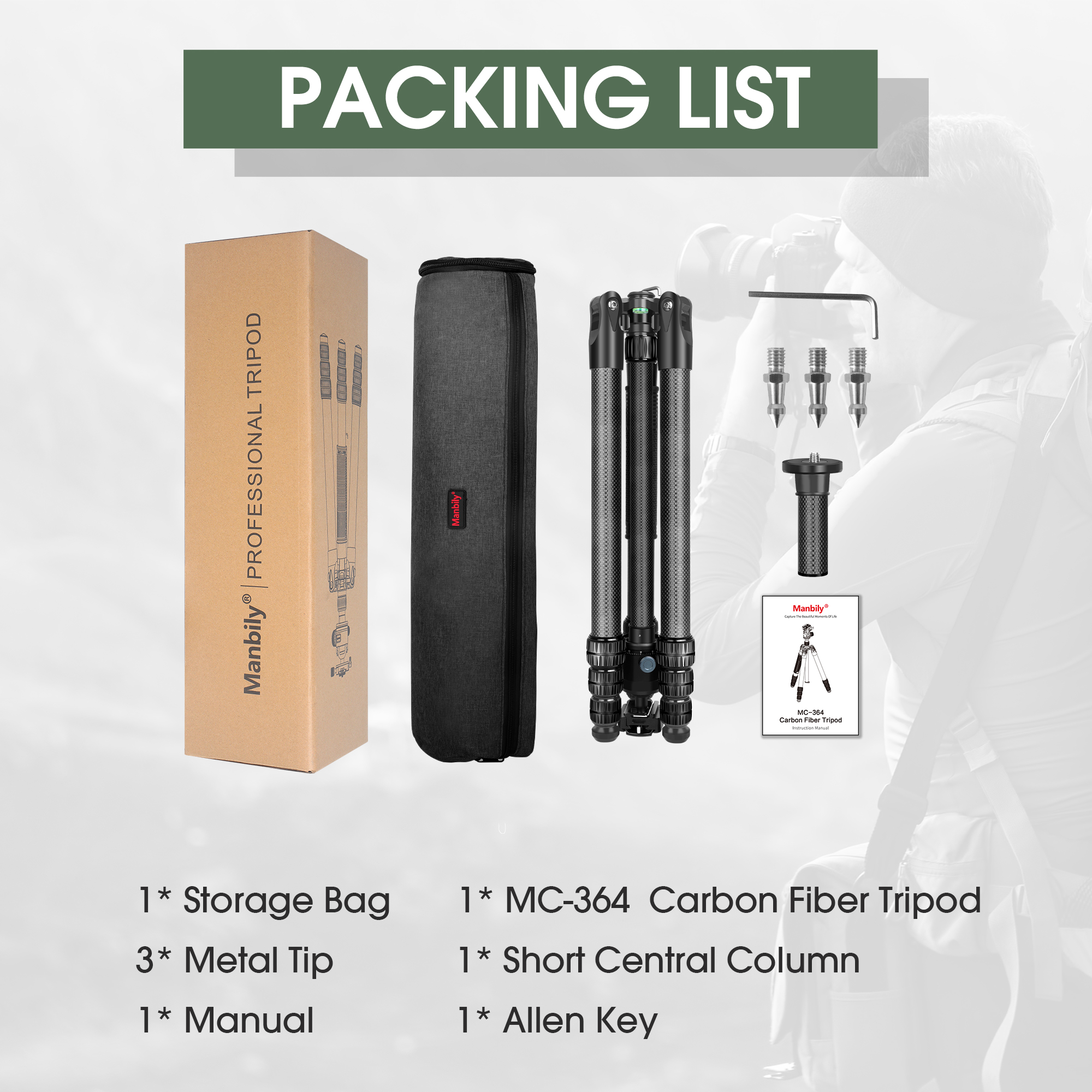 Manbily MC-364 Professional Heavy Duty Carbon Fiber Tripod Video Camera Tripods,Carbon Fiber Tripod