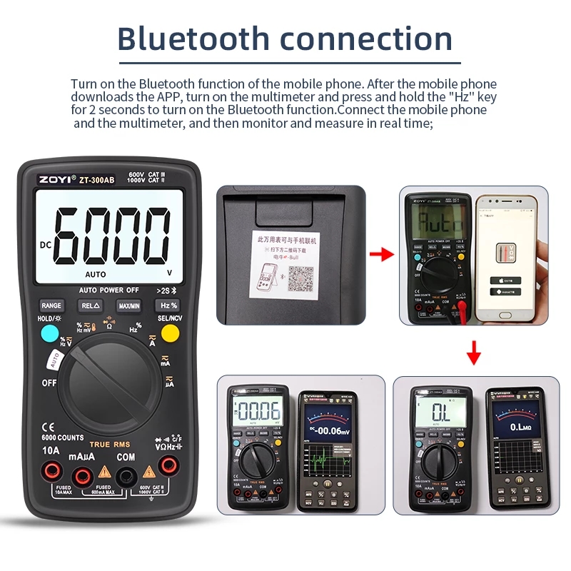 ZOYI Bluetooth Digital Multimeter profesional ZT-300AB Dual Mod ...