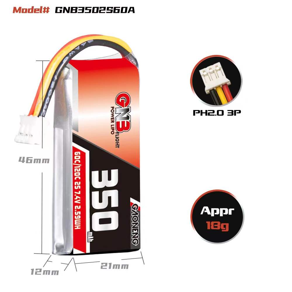 GNB GAONENG 2S 350mah 7.4V 60C 120C LiPo Battery PH2.0 3Pin Connector ...