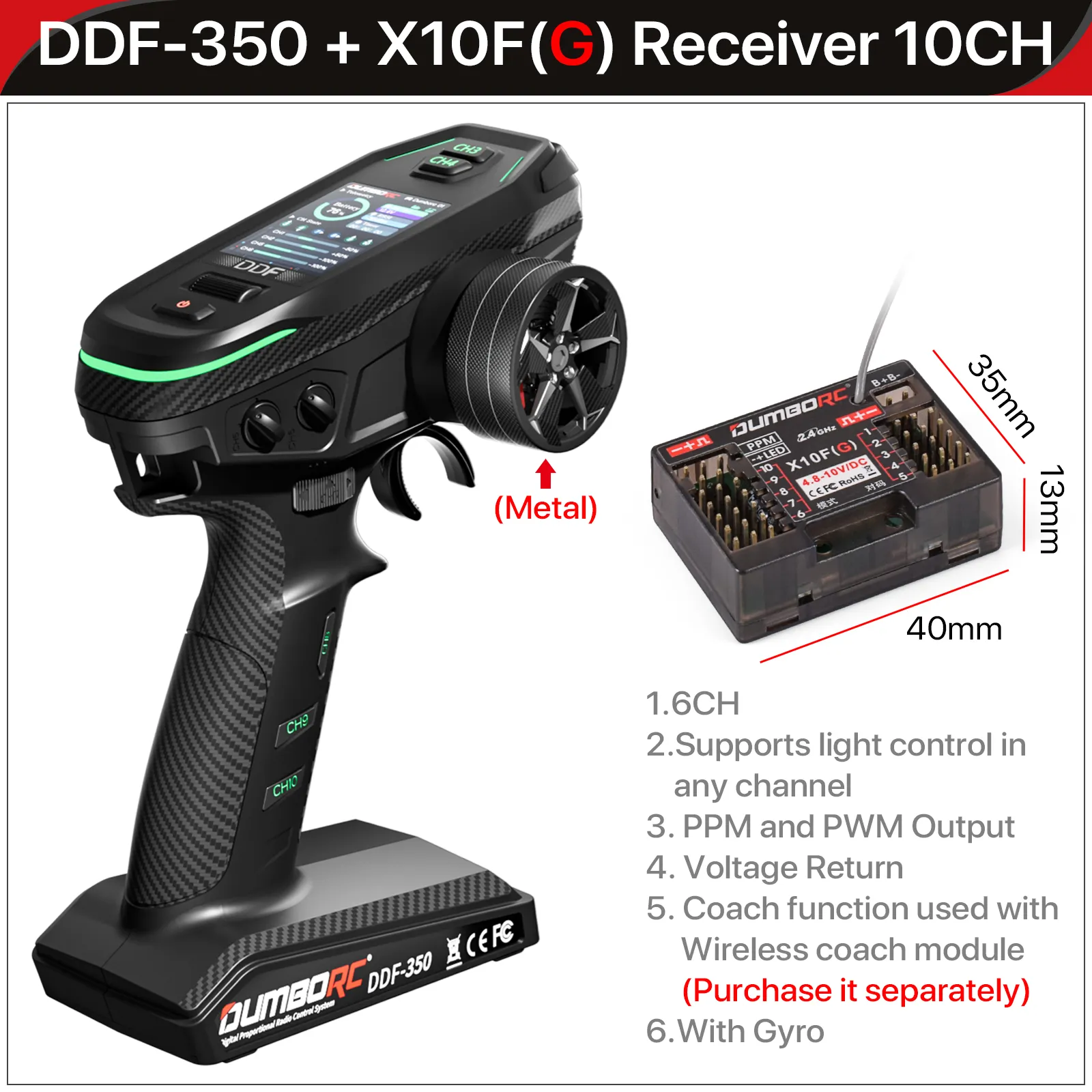 DUMBORC DDF-350 10CH RC Remote Controller 10 Channel 2.4Ghz HD ScreenDigital Radio Transmitter ...