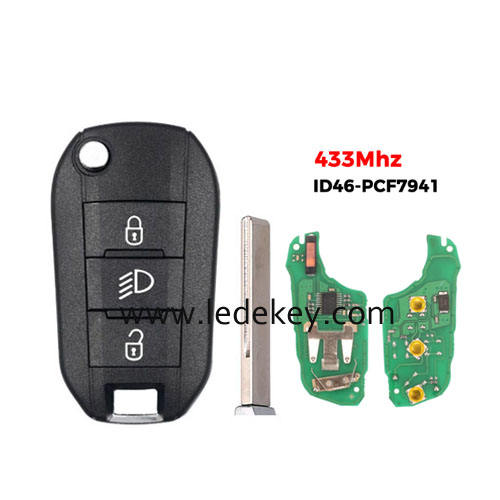 Citroen 3 button Light button flip remote key FSK 433mhz ID46-PCF7941 ...