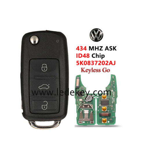 VW 3 button Smart Key With 433Mhz ASK ID48 Chip FCC ID: 5K0837202AJ For ...
