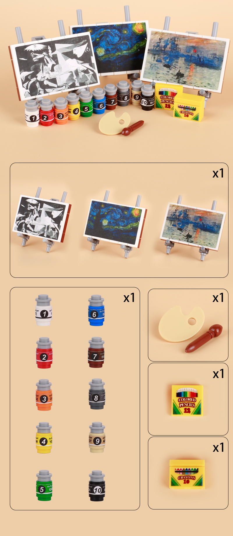 City MOC Oil Painting Series Sticker Bricks Color Pencils View White