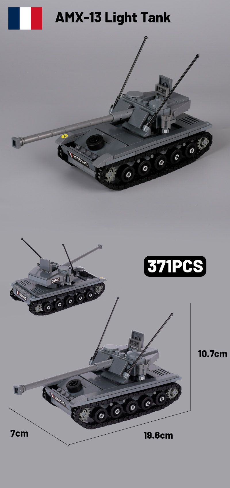 French Military Series AMX 13 Light Tank Bricks Vehicle Guns Compatible