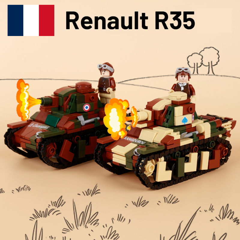 French Renault R35 Light Infantry Tank Sticker Minifigs Bricks Goggles